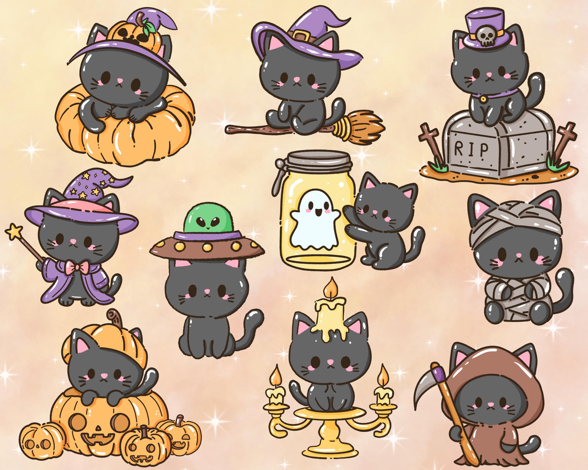 20 Halloween Cat Clipart Set Cute Halloween Black Cats Clip Art Kawaii ...