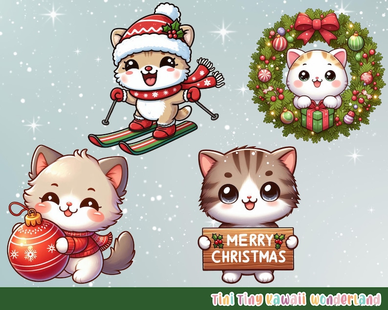 Christmas Kawaii Clipart Set Cute Cat Digital Clip Art Funny Cats ...