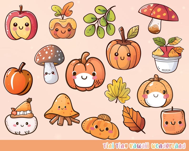 Kawaii Fall Cute Autumn Clipart Bundle Fall Vibes Transparent PNG ...