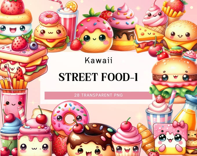Kawaii Food Clipart Bundle, Watercolor, Cute Street Food, Couple ...
