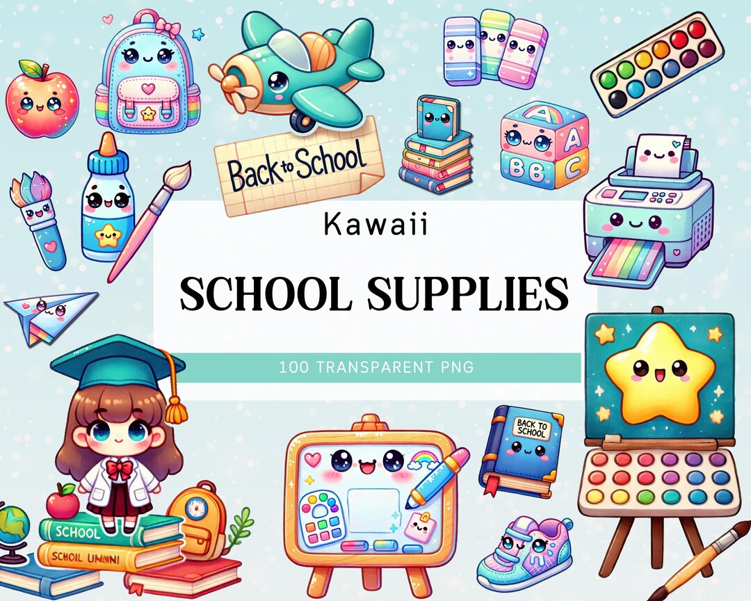 Kawaii School Supply 100 Clip Arts PNG Kid's Crafts Elementary School ...