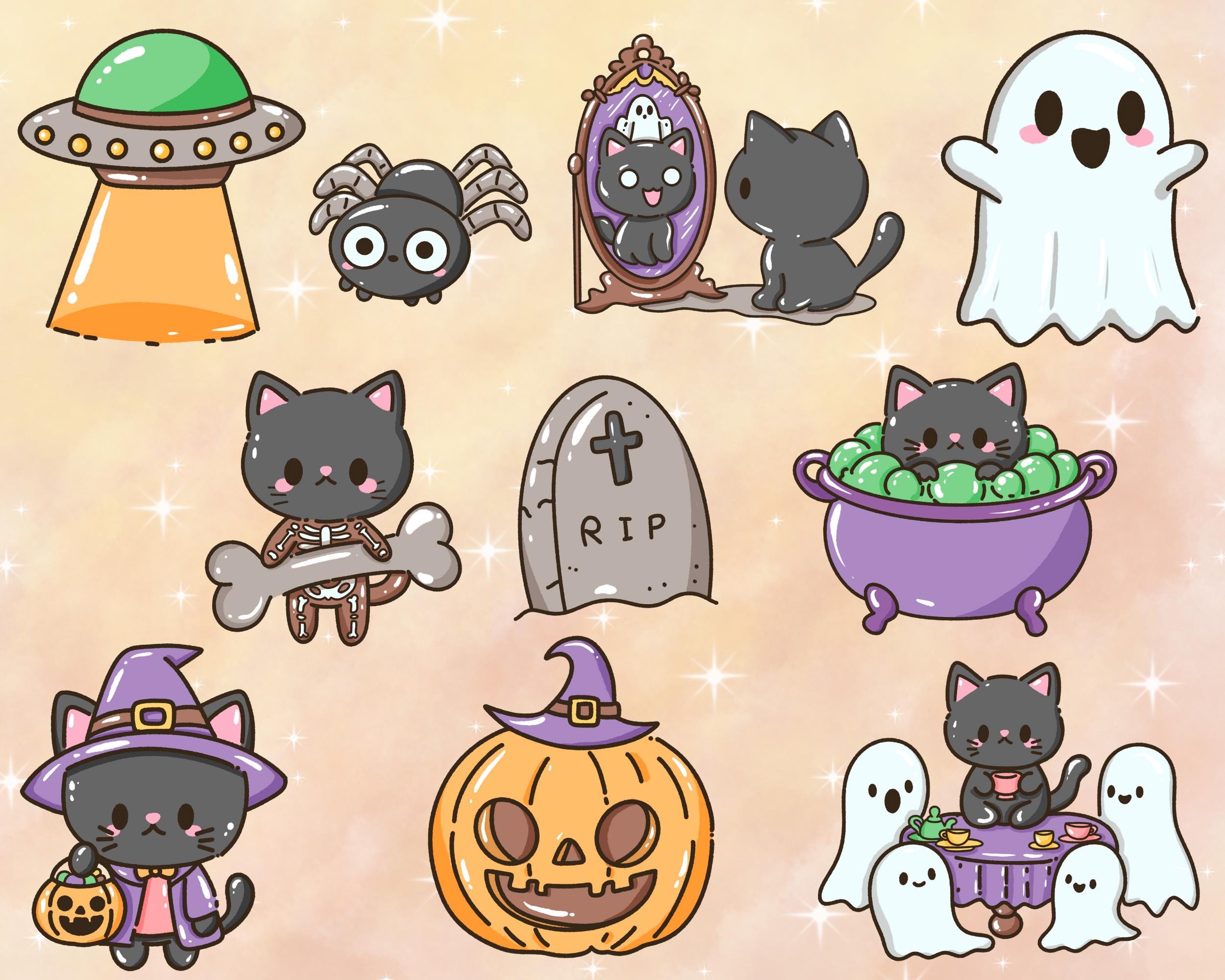 20 Halloween Cat Clipart Set Cute Halloween Black Cats Clip Art Kawaii ...