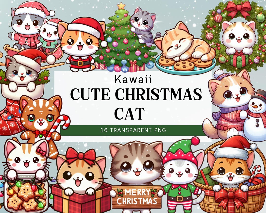 Christmas Kawaii Clipart Set Cute Cat Digital Clip Art Funny Cats ...