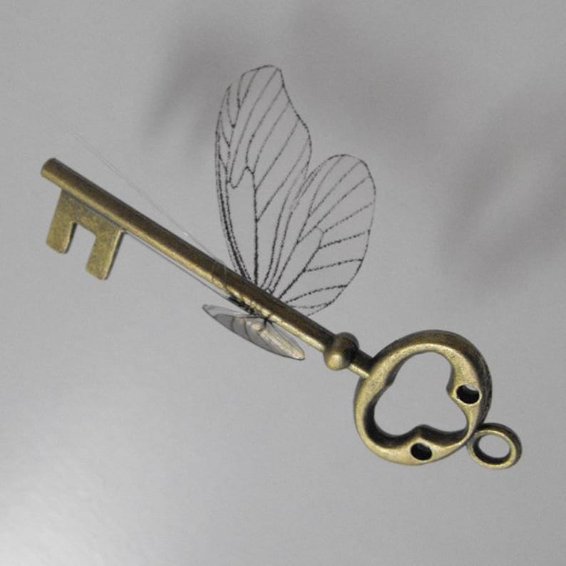 Flying winged key with small butterfly wings in antique brass | Etsy