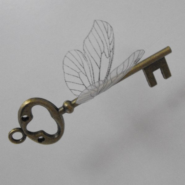 Flying Winged Key With Small Butterfly Wings in Antique Brass ...