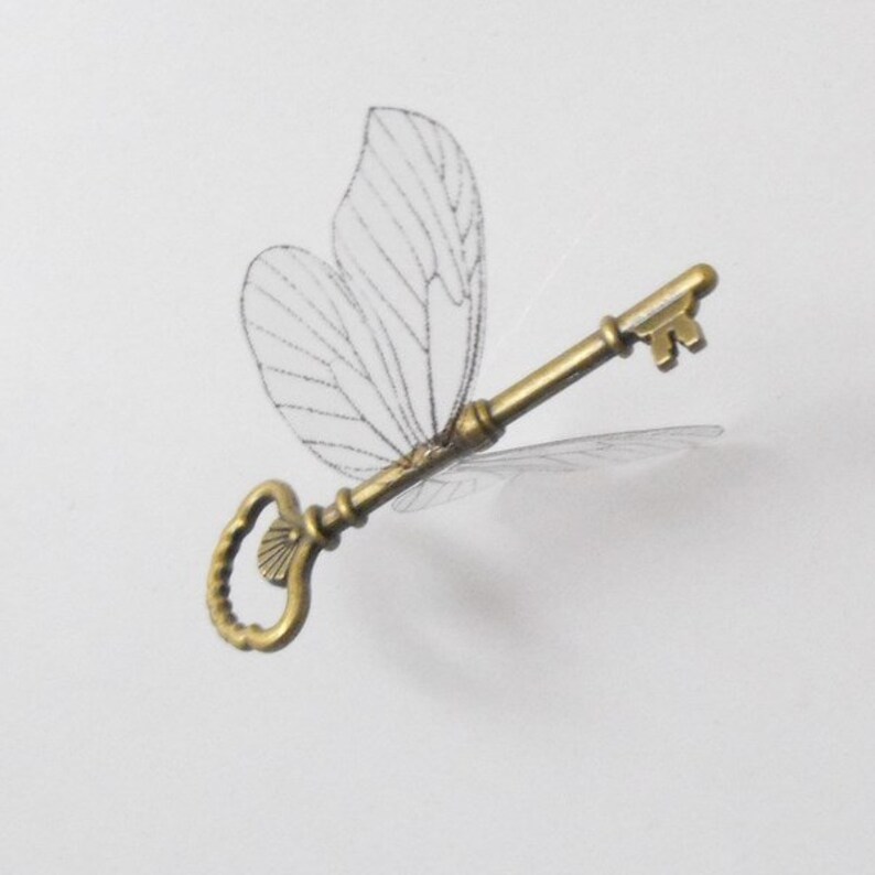 Flying Winged Key With Small Butterfly Wings in Antique Brass - Etsy