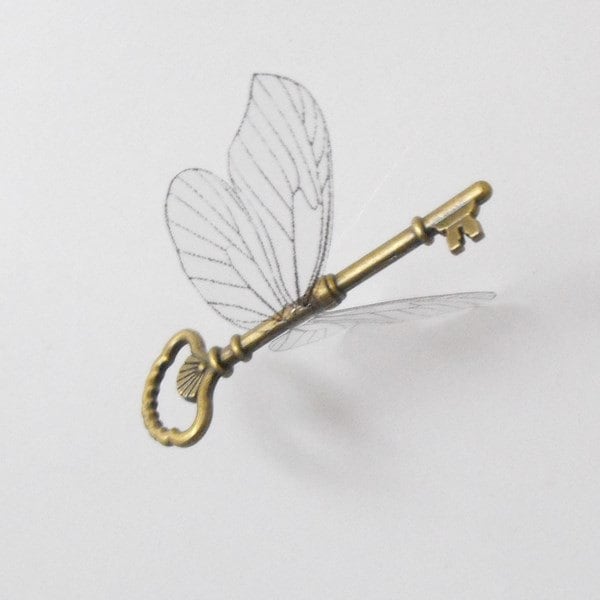 Flying Winged Key With Small Butterfly Wings in Antique Brass - Etsy