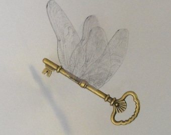 Flying Key With Dragonfly Wings in Antique Brass ASDF | Etsy