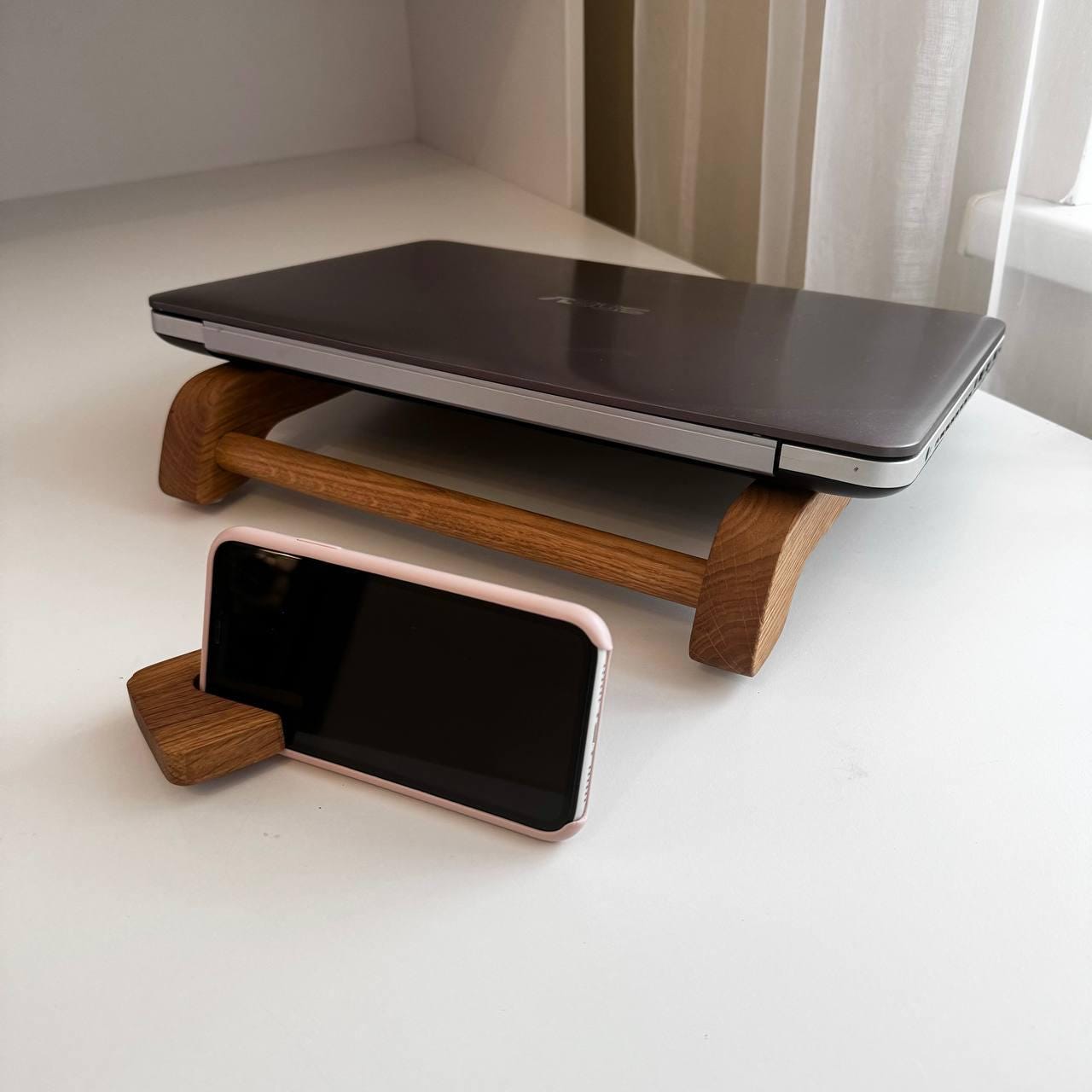 Laptop Stand and Phone Stand, Wooden Notebook Riser for Desk, Wood Desk ...