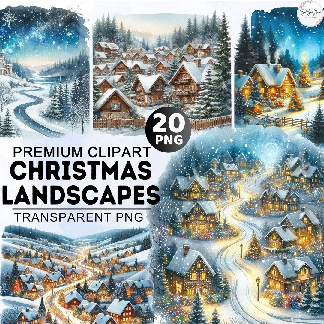 20 Festive Landscape Clipart Bundle, Watercolor Christmas Landscapes ...