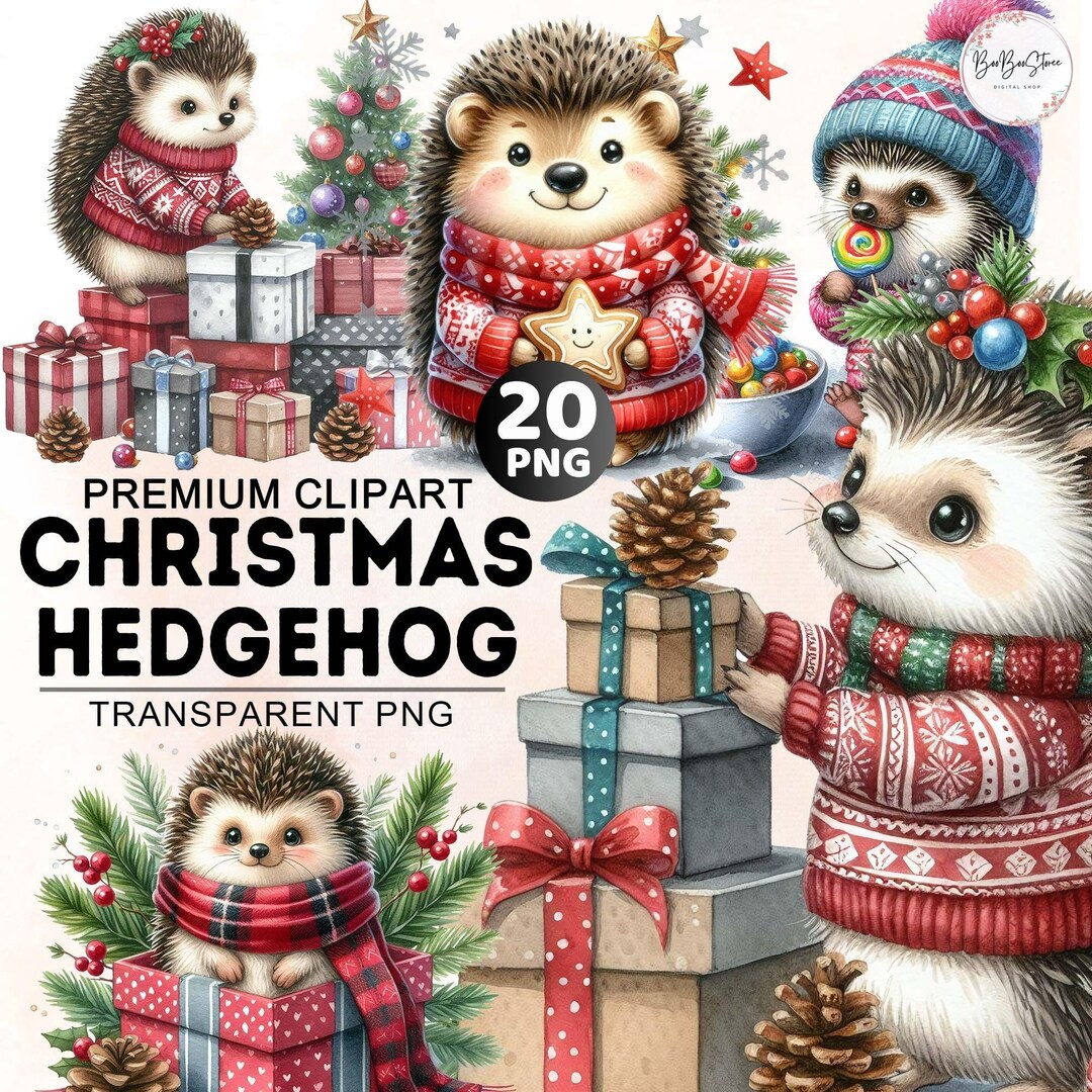 20 Baby Hedgehog Xmas Clipart Bundle, Watercolor Christmas Hedgehog ...