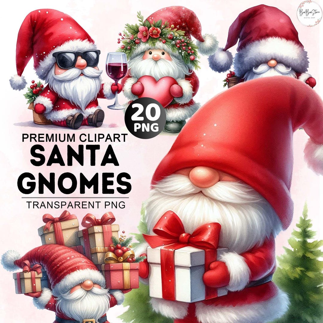 20 Gnomes Santa Claus Clipart Bundle, Watercolor Santa Christmas Gnomes ...