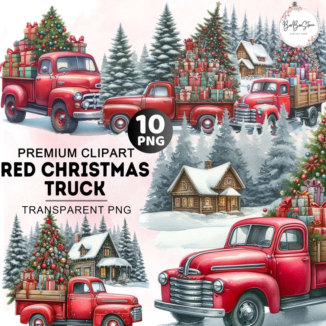 10 Christmas Truck Tree Clipart Bundle, Watercolor Red Christmas Truck ...