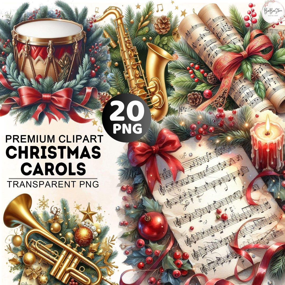 20 Festive Caroling Clipart Bundle, Watercolor Christmas Carols Clipart ...