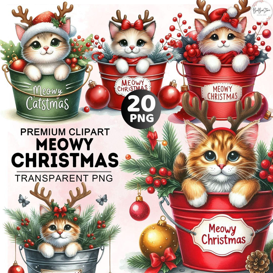 20 Cats Christmas Clipart Bundle, Watercolor Meowy Christmas Clipart ...