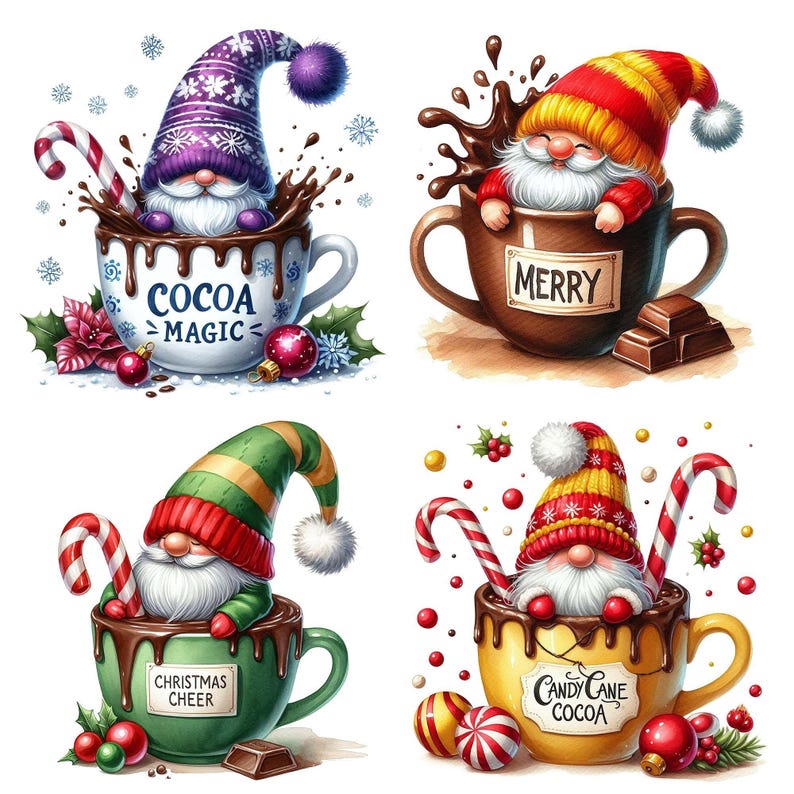 30 Christmas Gnomes Clipart Bundle, Watercolor Hot Cocoa Gnomes Clipart ...