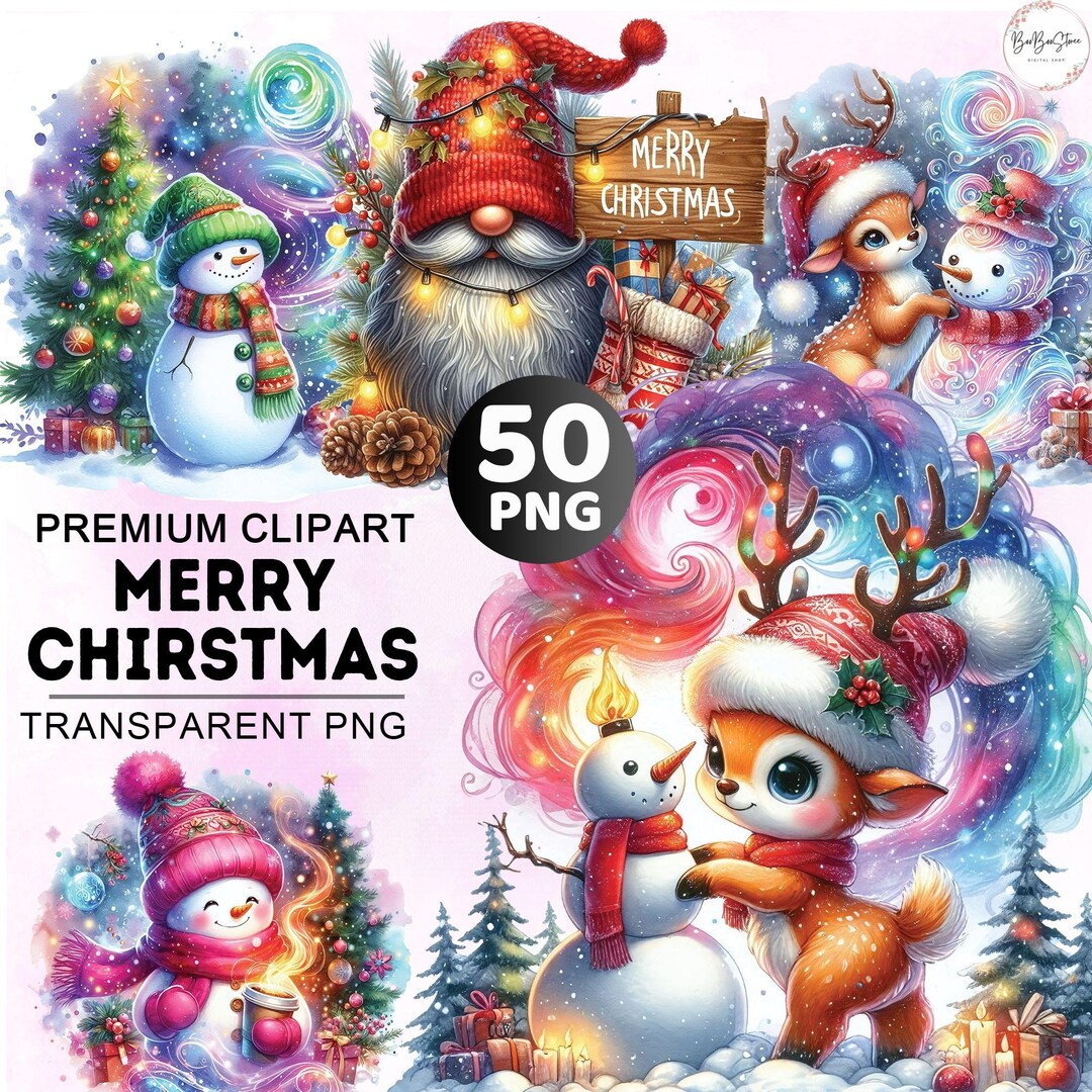 50 Watercolor Merry Chirstmas Bundle Clipart, Winter Holidays, Snowman ...
