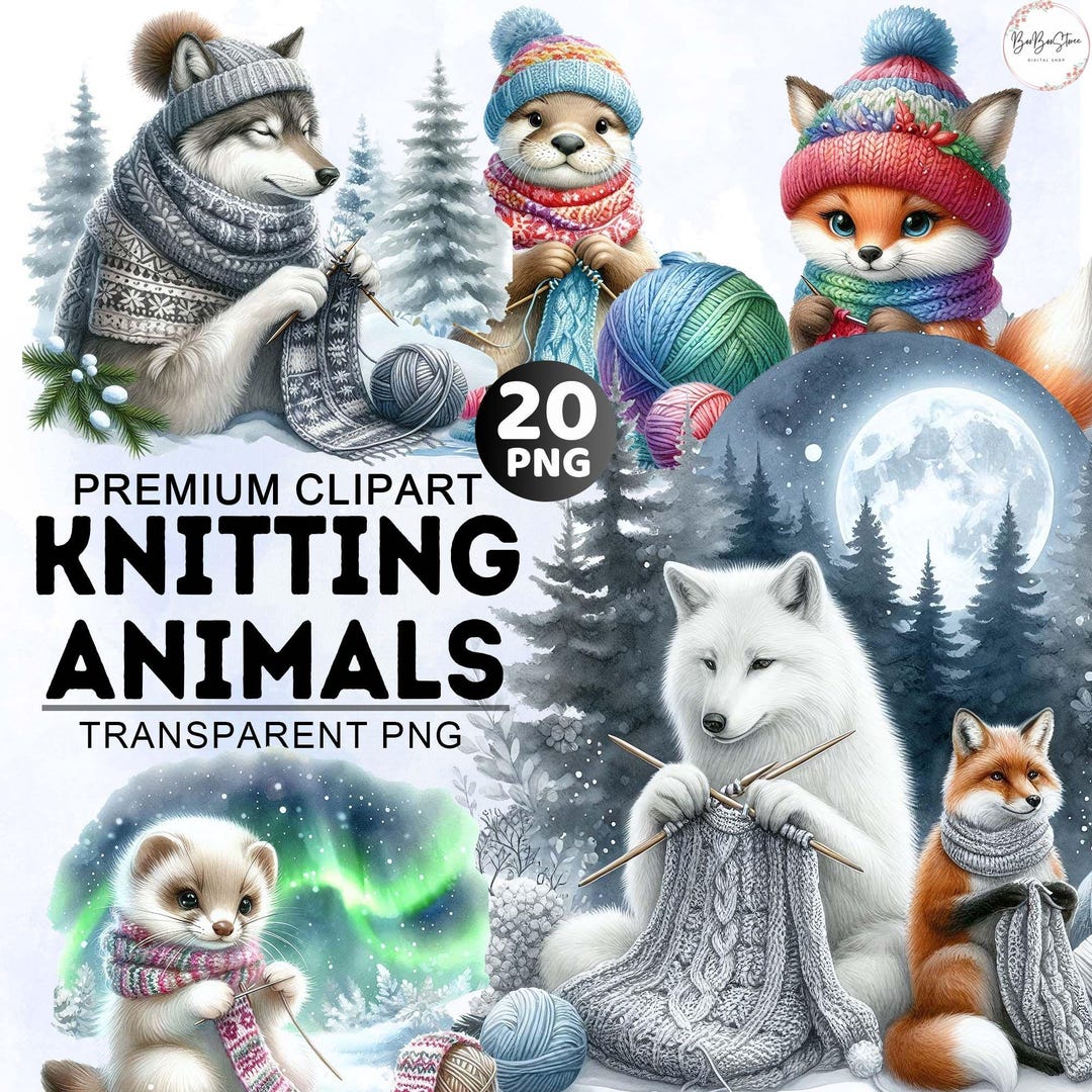 20 Christmas Animal Clipart Bundle, Watercolor Knitting Animals Clipart ...