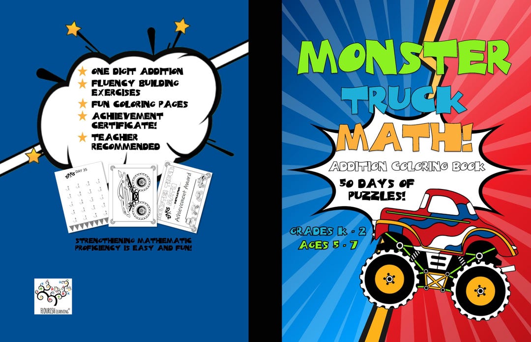 Monster Truck Math: Addition Coloring Book, Elementary Mathematics - Etsy