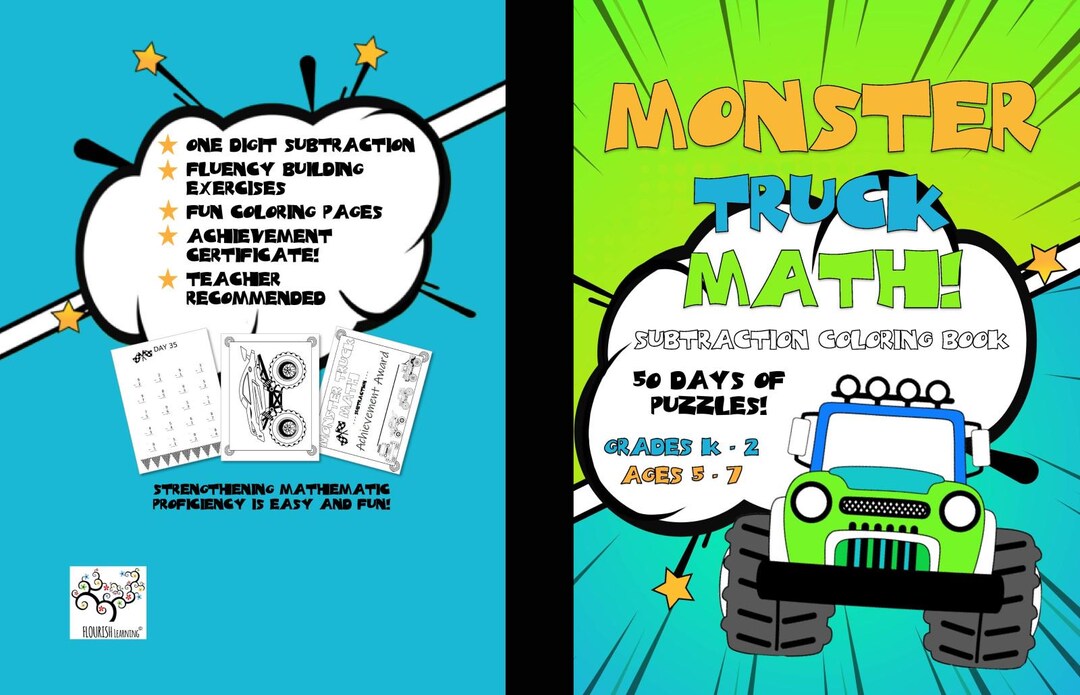 Monster Truck Math: Subtraction Coloring Book, Elementary Mathematics ...