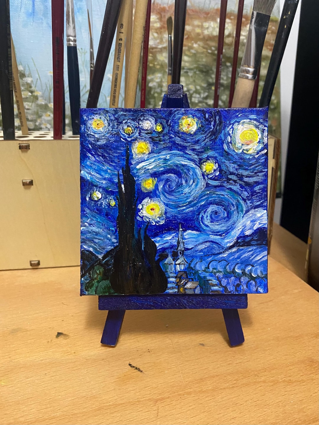 Miniature Van Gogh Starry Night Painting: Original Art on Small Canvas ...