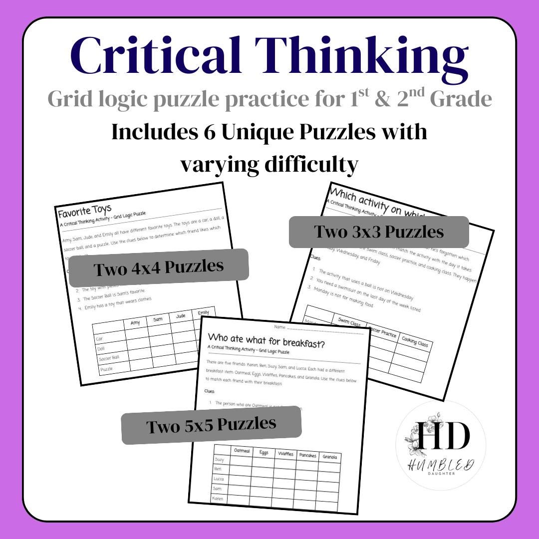Grid Logic Puzzles Printable for 1st, 2nd, 3rd Grade - Independent ...
