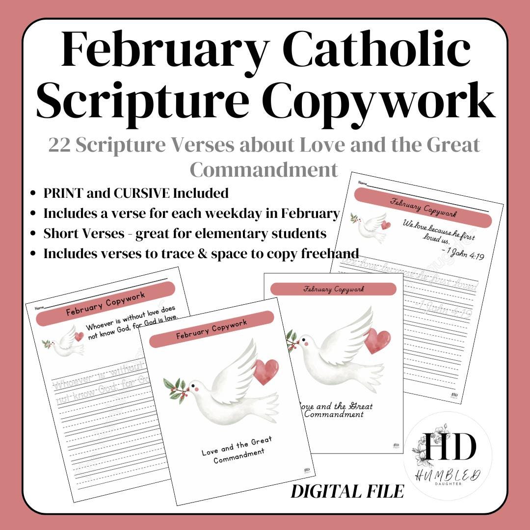 February Catholic Copywork | Love and Scripture (print & Cursive) PDF ...