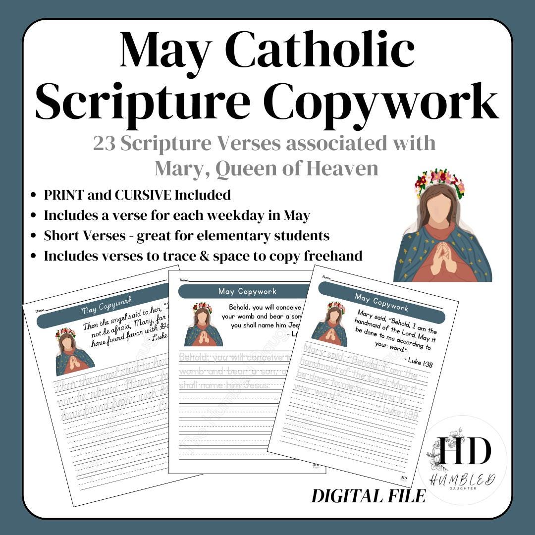 May Catholic Copywork | Mary, Queen of Heaven (print & Cursive) PDF - Etsy