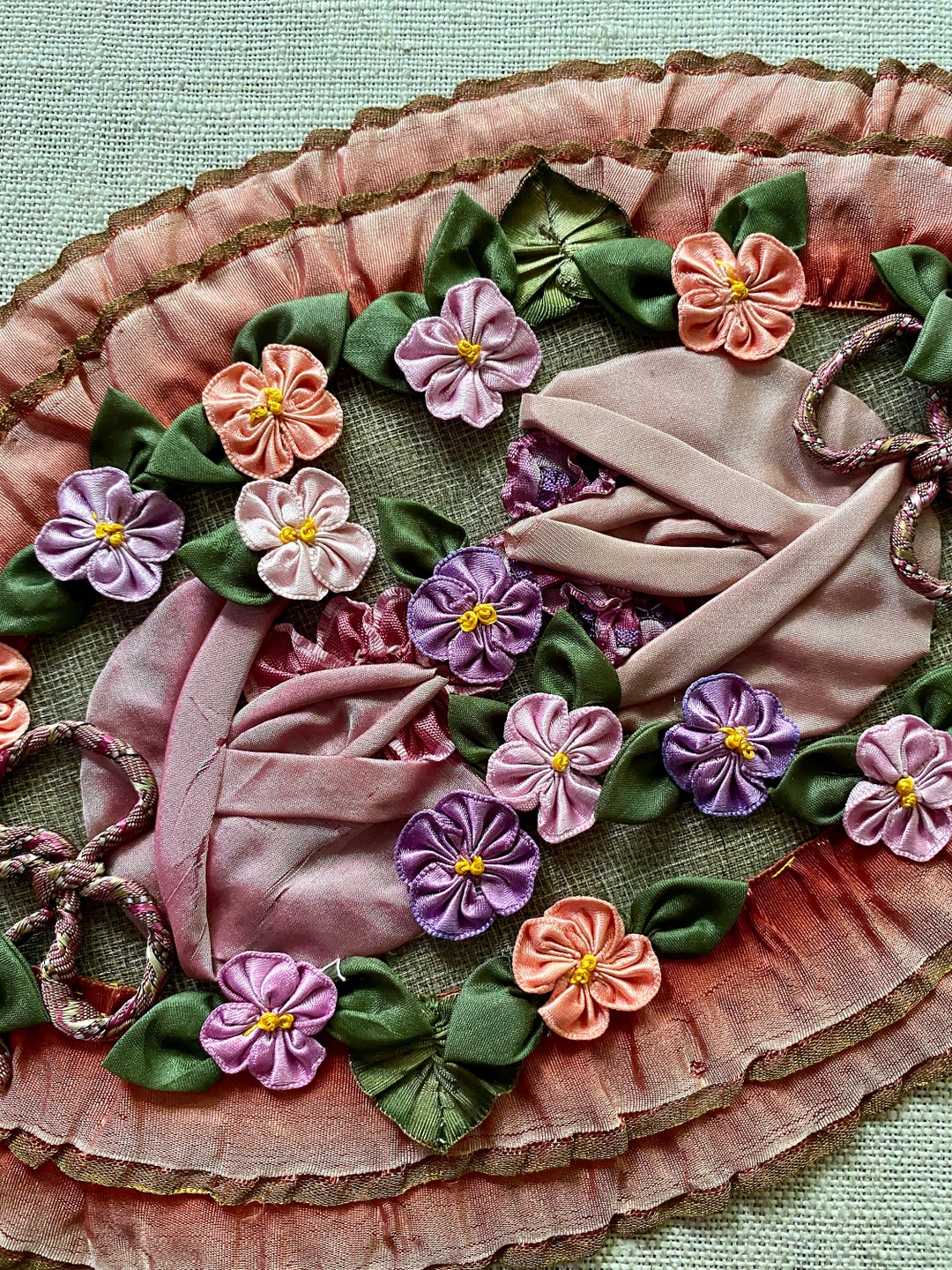 Silk Ribbon Flower Work With Gold Ruffled Edge - Etsy