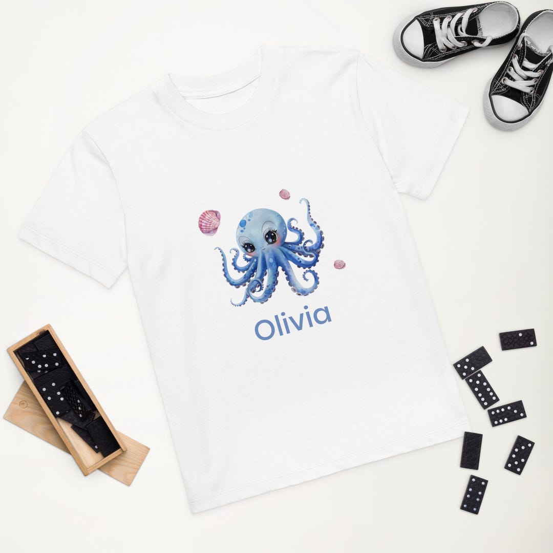 Personalised Organic Cotton Kids T-shirt Blue Octopus Design Custom ...