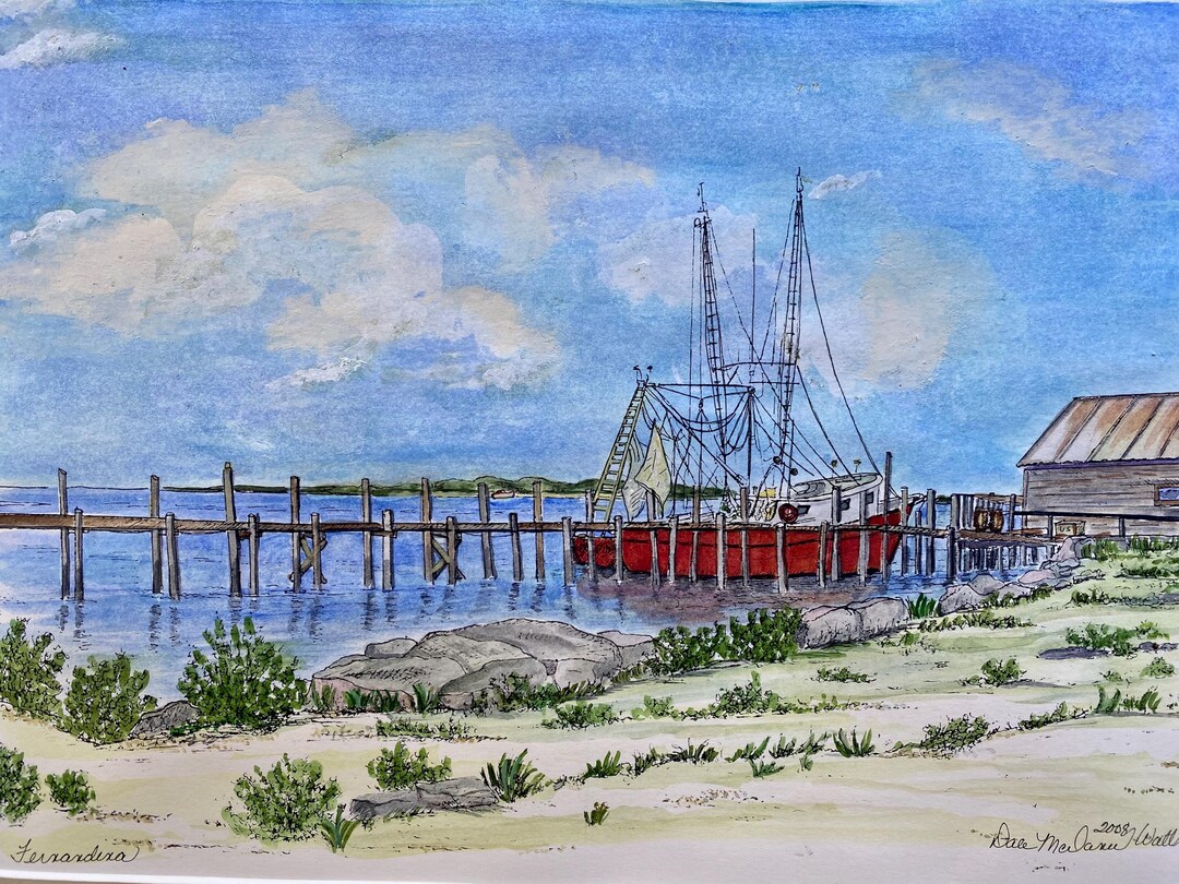 Fernandina Watercolor Painting: Dockside Fishing Boat Art (13” X 10 ...