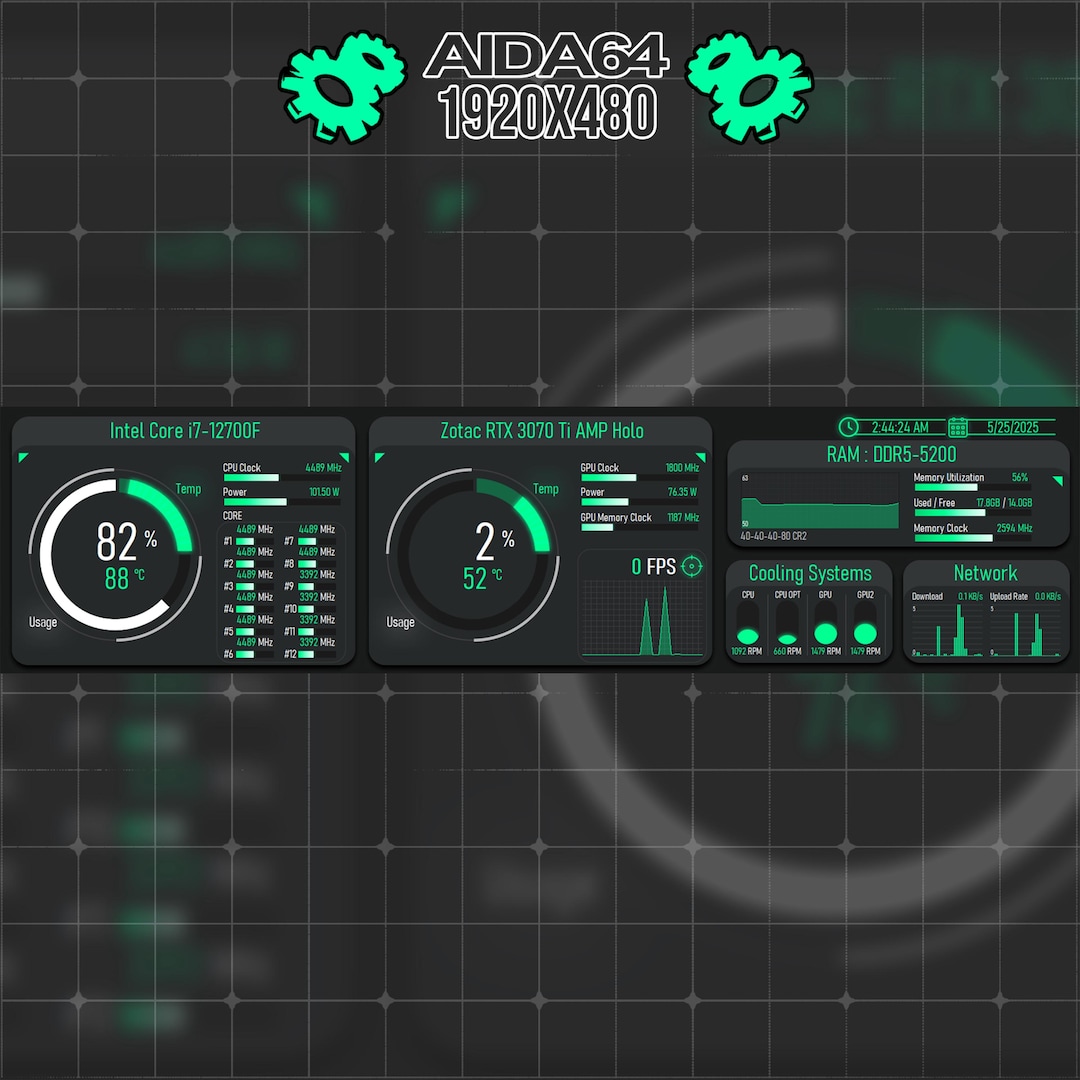 AIDA64 Sensor Panel Template | Minimalist Design 1920x480 Horizontal ...