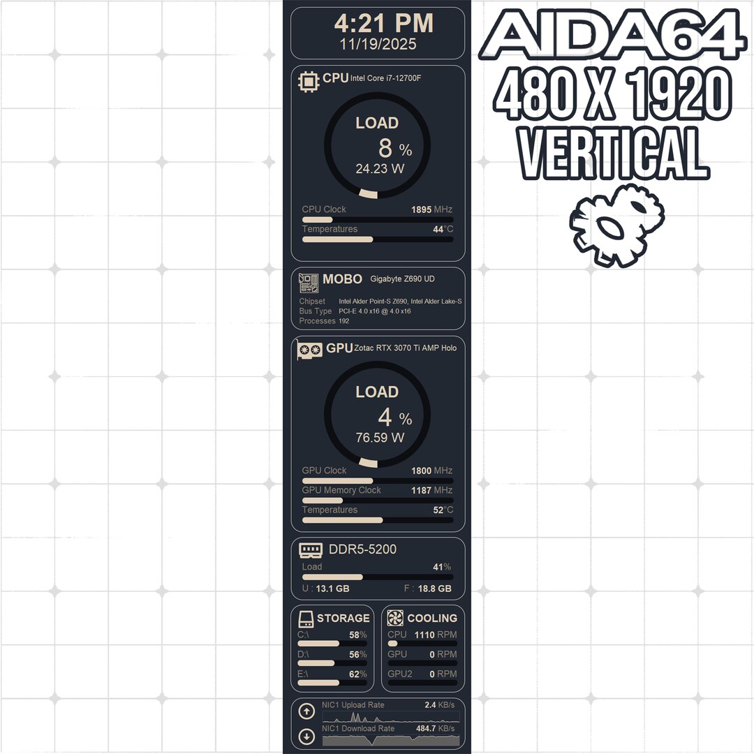 AIDA64 Sensor Panel Template | Minimalist Design | 480x1920 Vertical ...