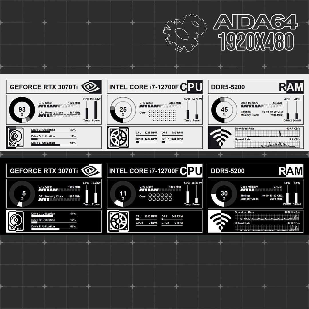 AIDA64 Sensor Panel Template | Minimalist Dark & Light Theme | 1920x480 ...
