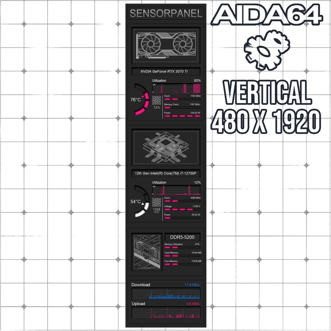 AIDA64 Sensor Panel Skin 480x1920 (vertical) | Dark Wireframe HUD ...