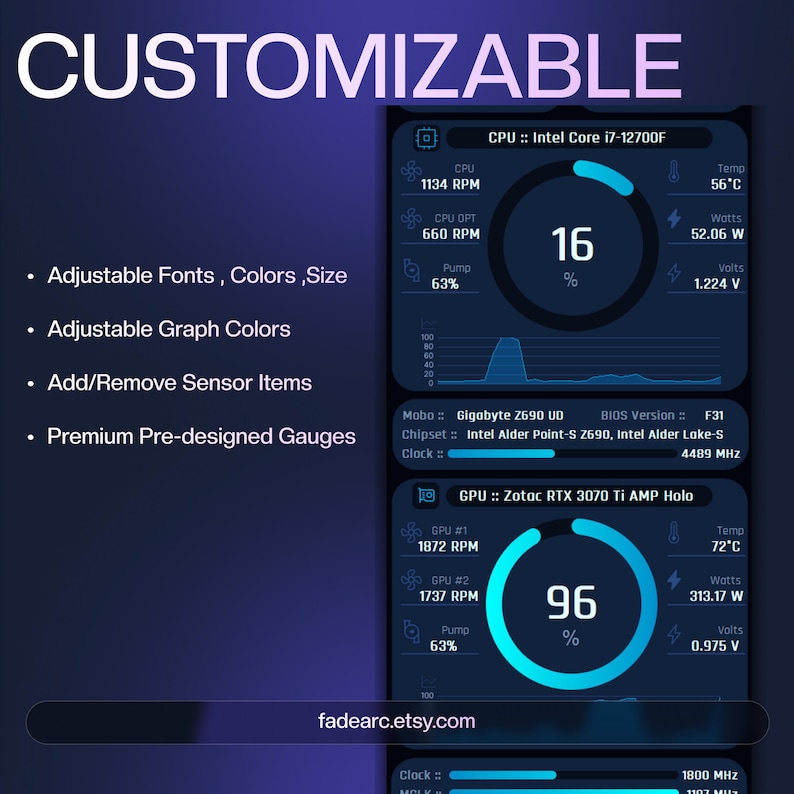 AIDA64 Sensor Panel Skin 480x1920 (vertical) | Ice Blue Neon HUD ...