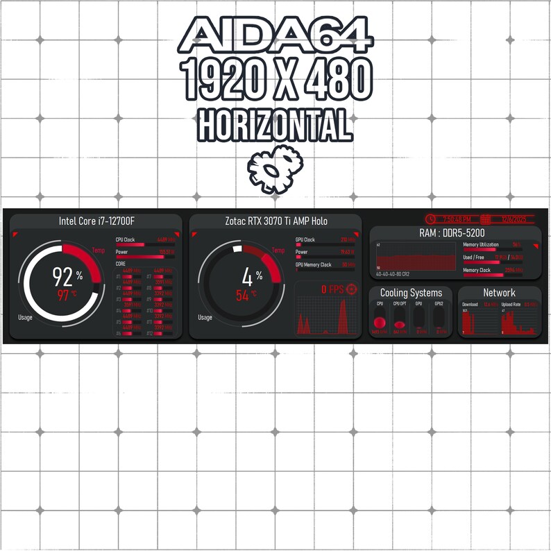 AIDA64 Sensor Panel Skin 1920x480 | Neon Red HUD | Modern Dark ...