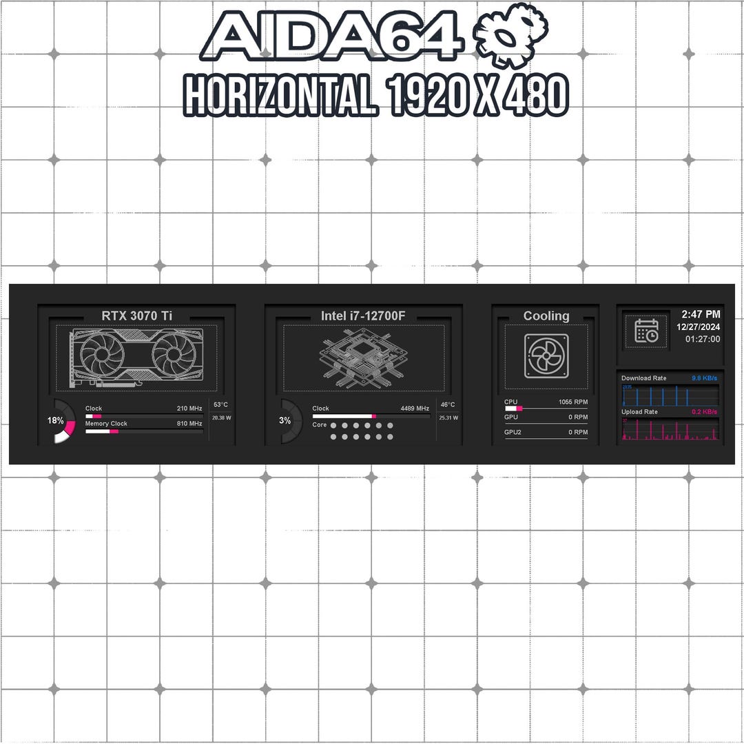 AIDA64 Sensor Panel Skin 1920x480 | Dark Wireframe HUD | Minimalist PC ...