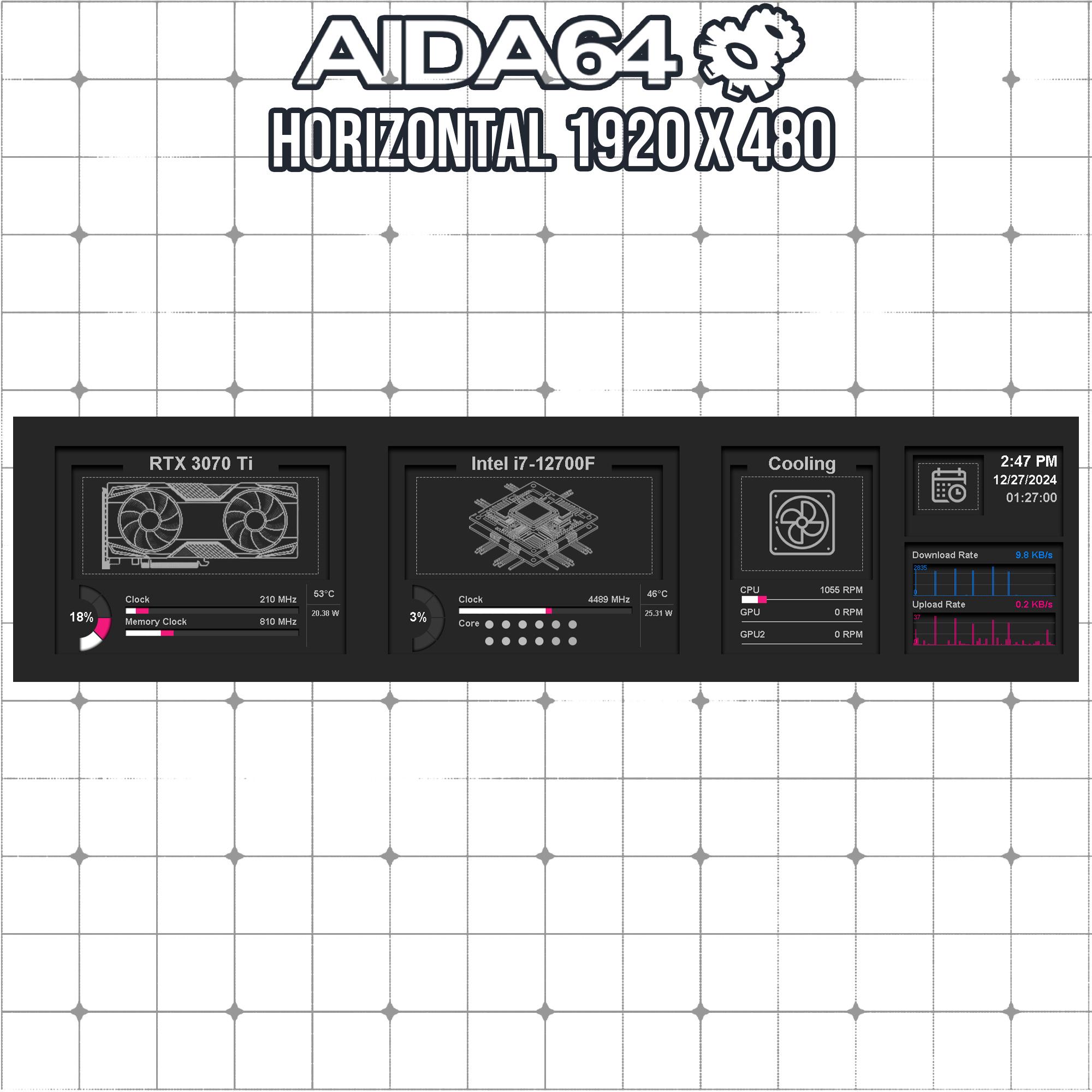 AIDA64 Sensor Panel Skin 1920x480 | Dark Wireframe HUD | Minimalist PC ...