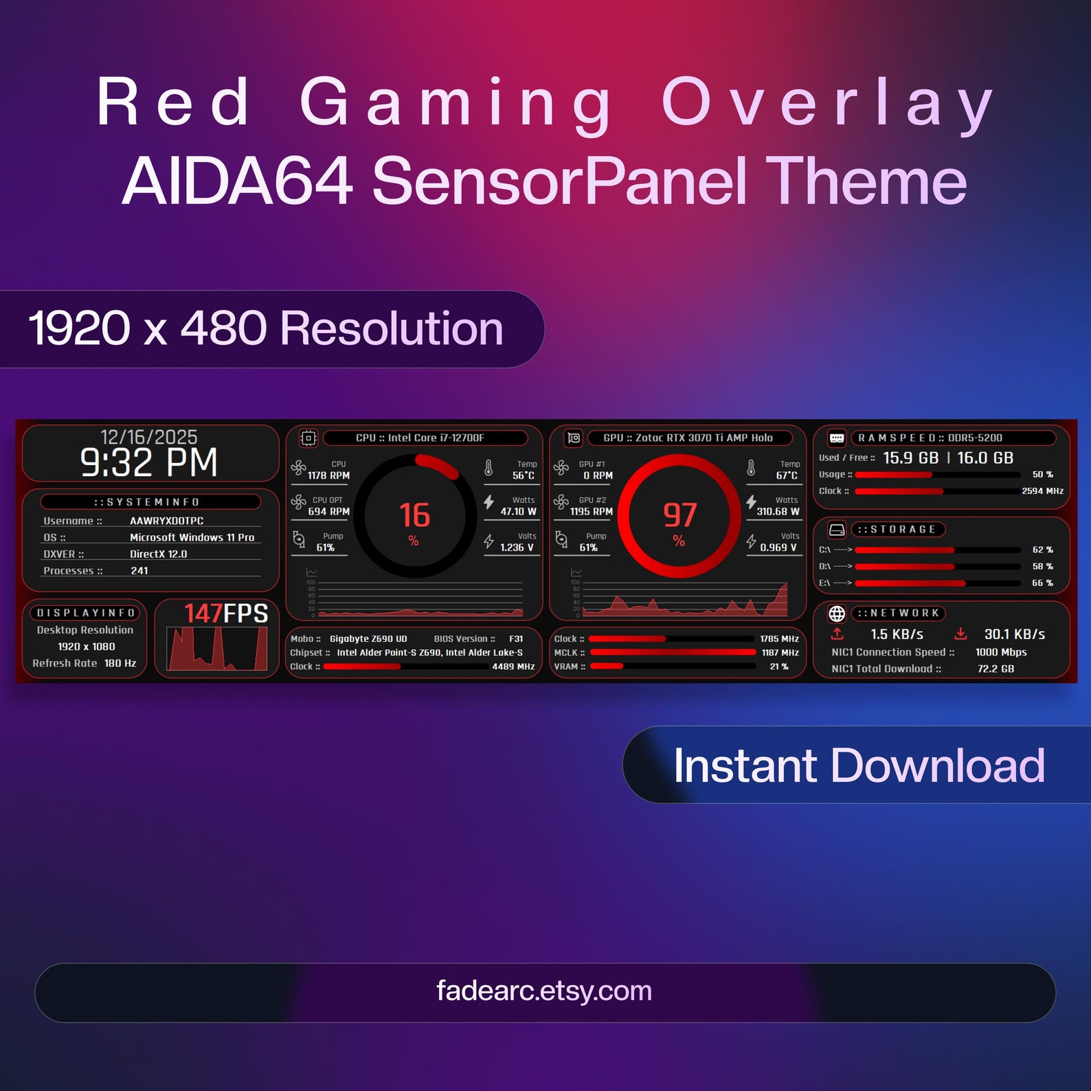 Panel sensor AIDA64 1920x480 / Superposición para juegos en rojo ...