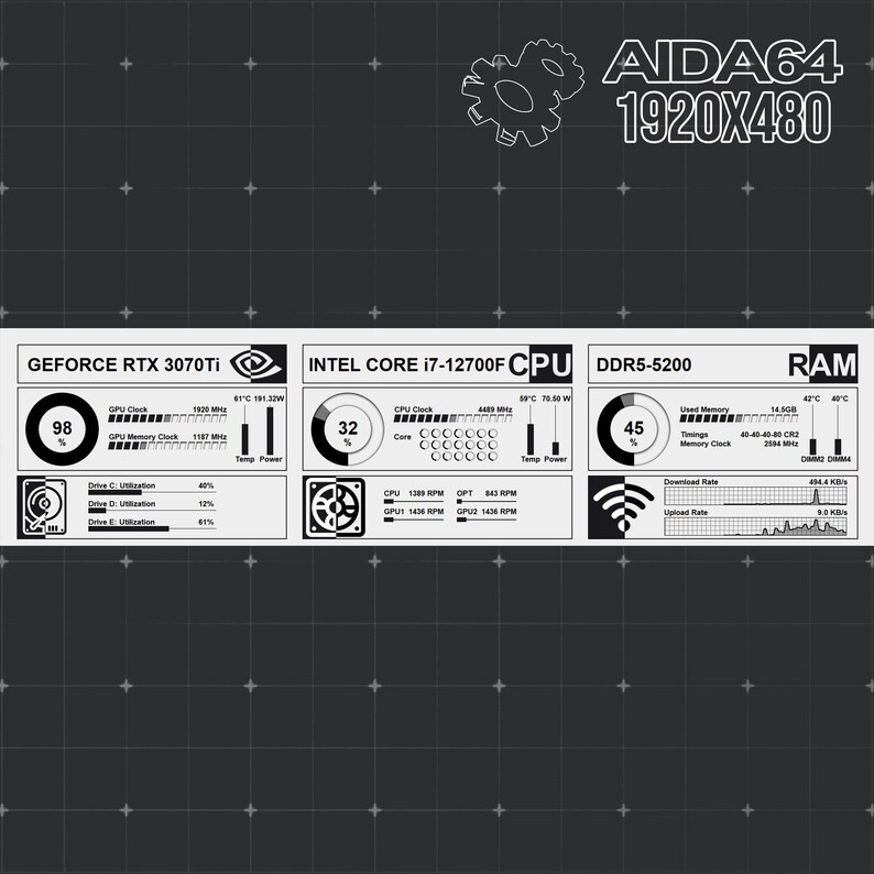 AIDA64 Sensor Panel Template | Minimalist Dark & Light Theme | 1920x480 ...
