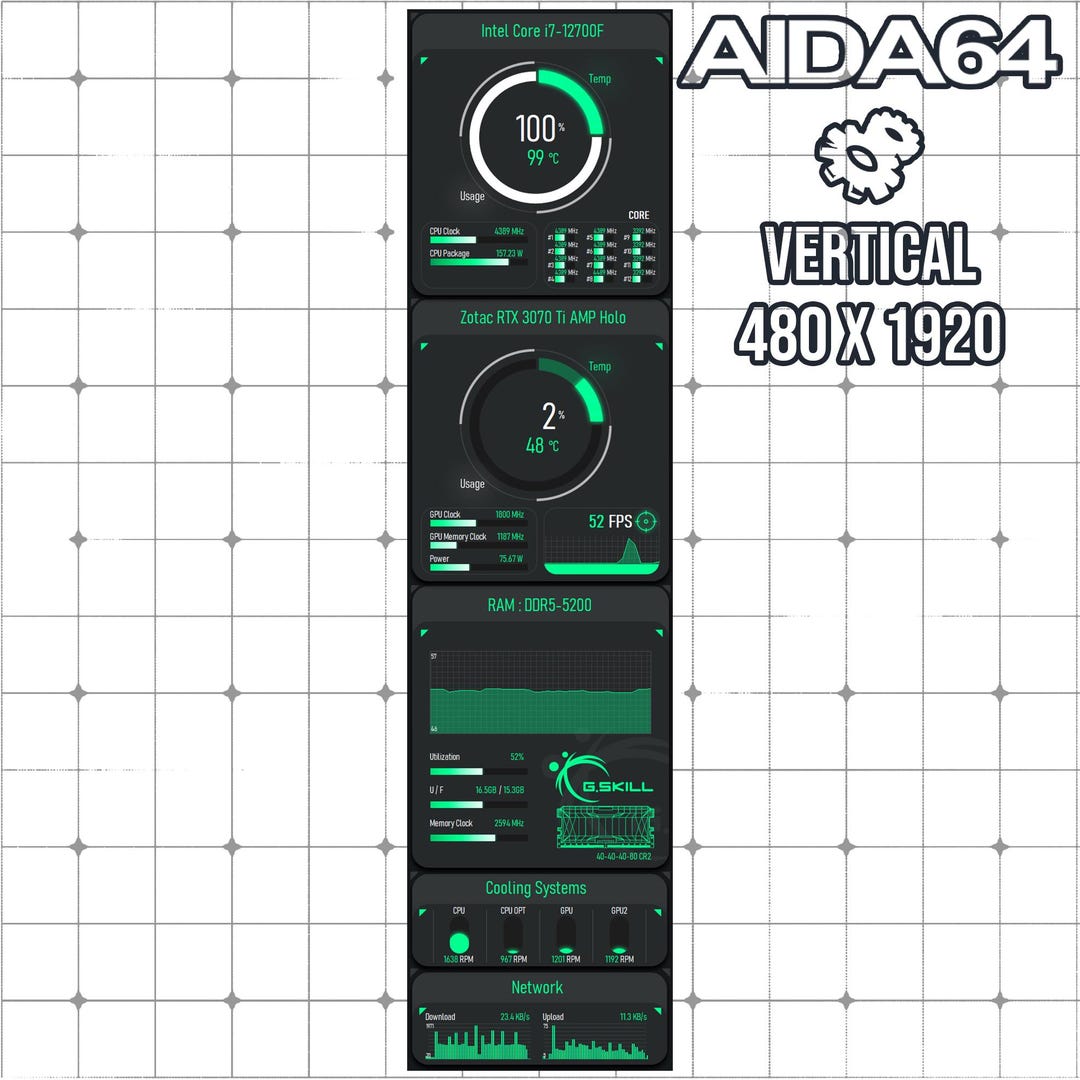 AIDA64 Sensor Panel Skin 480x1920 (vertical) | Matrix Hacker Green HUD ...