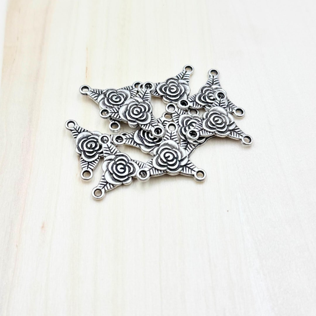 10 Antique Silver Rose Connector Charms: Floral Jewelry Links - Etsy