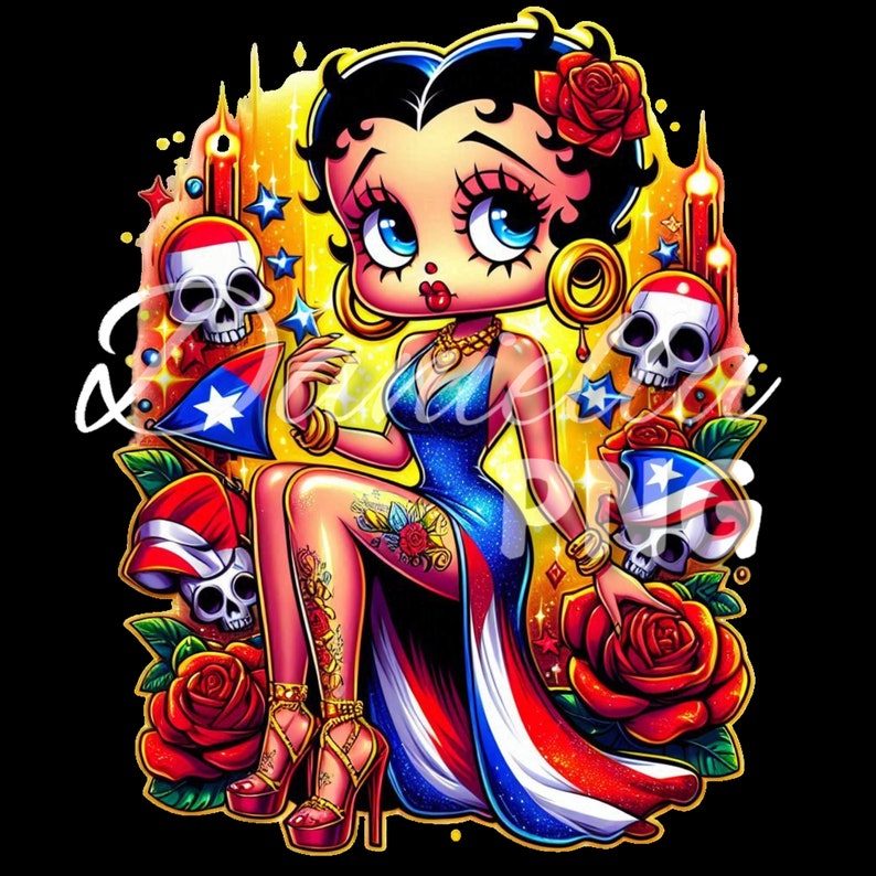 Betty Boop Puerto Rican Inspired Art - Gold Jewelry, Dress, Skulls ...