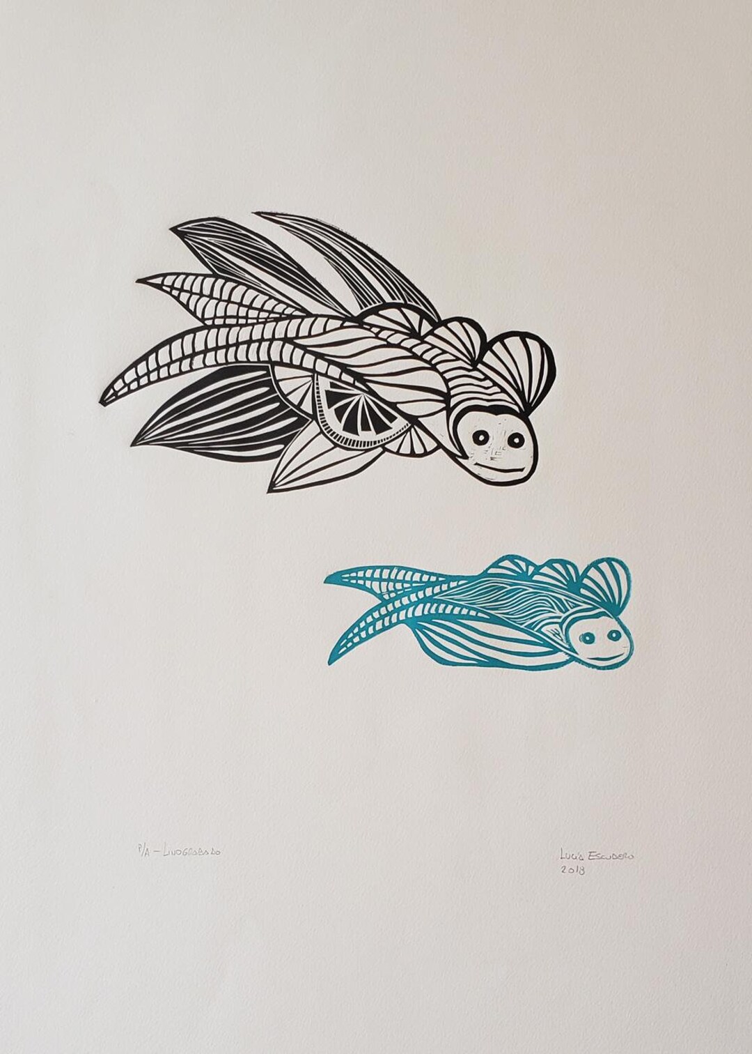 Two Fish/ Lino Print Two Colors ONLY COPY Carved and Hand-printed on ...