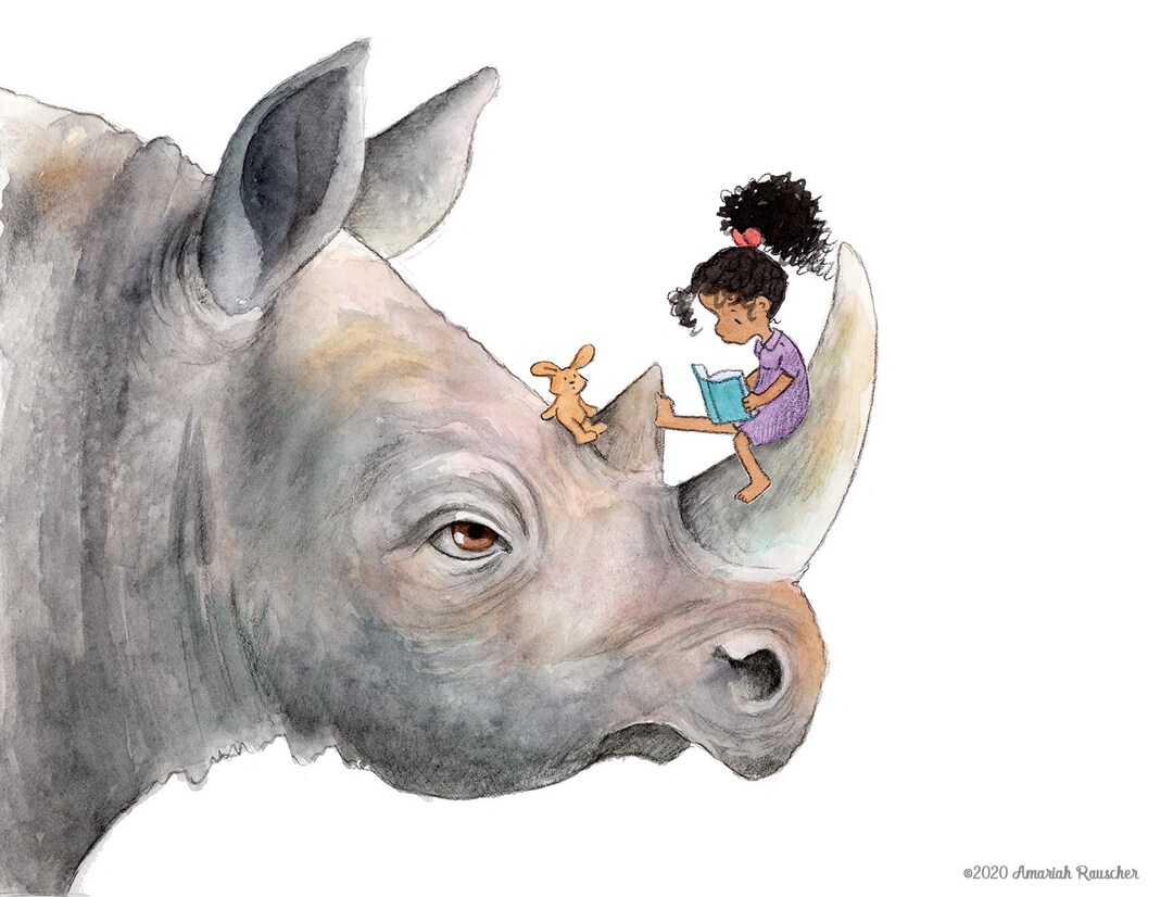 Rhino Story- Girl and Rhino - Art Print - Etsy