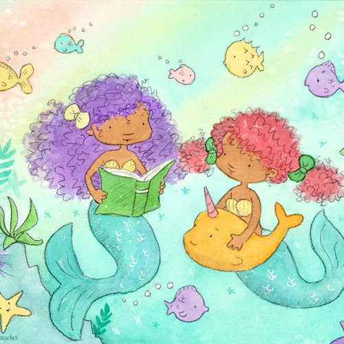 The Ocean Floor Curly Brunette Mermaid Art Print - Etsy