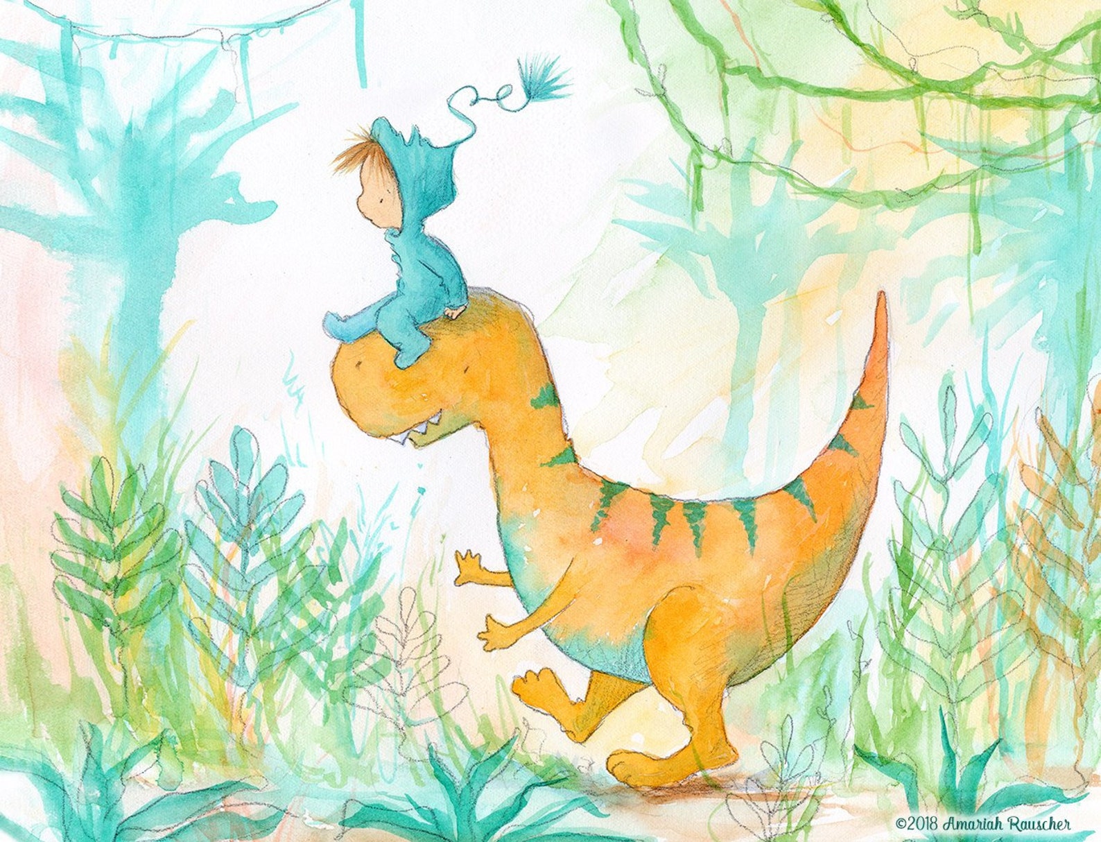 Toddler Boy Riding T-rex Brown Hair Art Print Children - Etsy