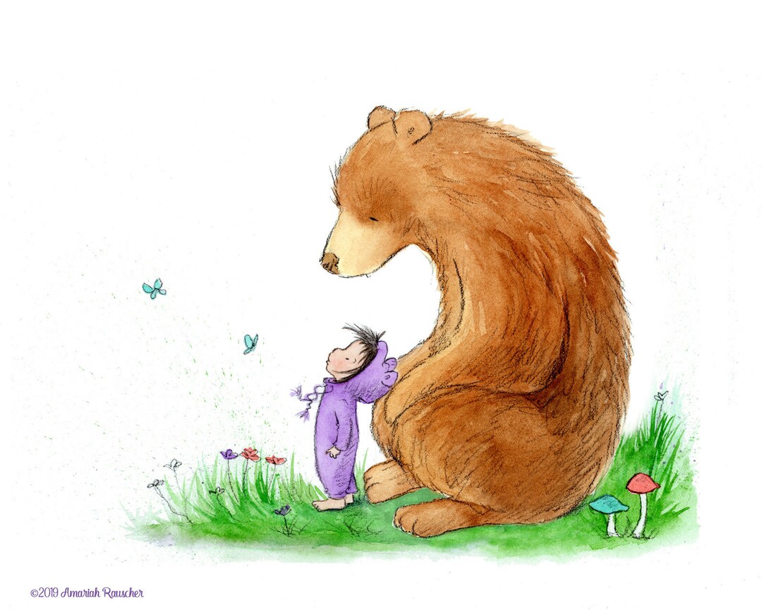 Hello Mr. Bear - Girl and Brown Bear - Art Print - Etsy