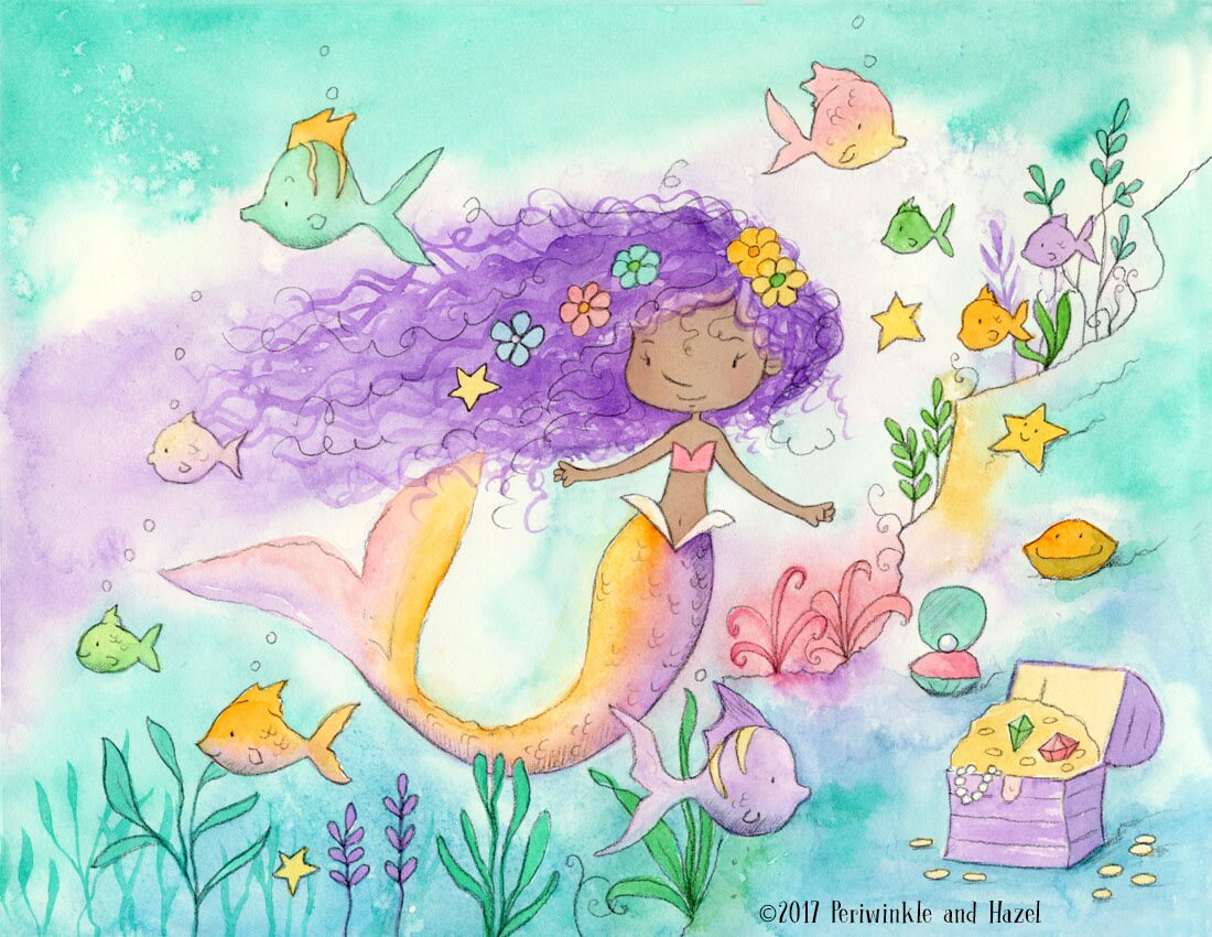 Mermaid With Purple Hair African American Girl Art Print | Etsy
